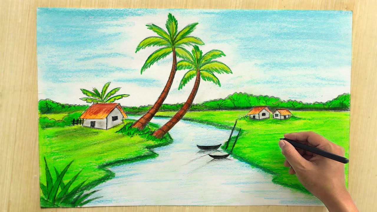 Natural Scenery Drawing | Landscape Drawing tutorial of village scenery ...