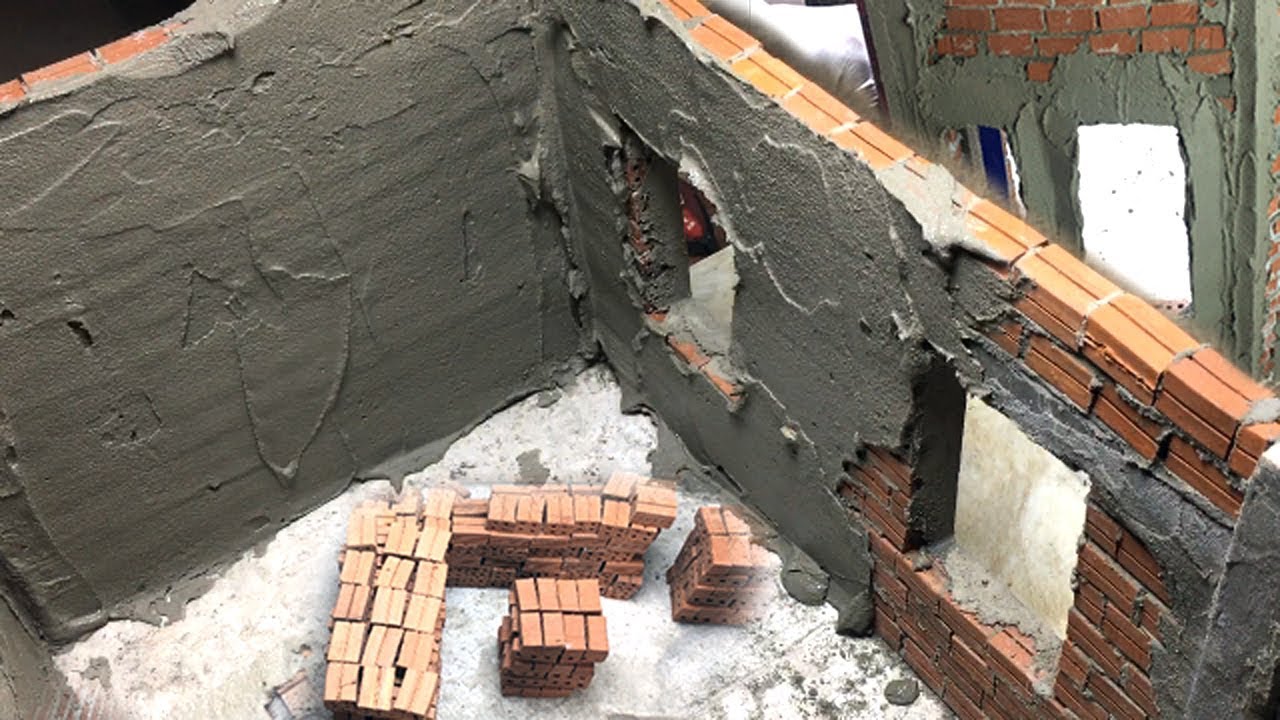 AMAZING BRICKLAYING -- How to build a concrete wall for mini house ...