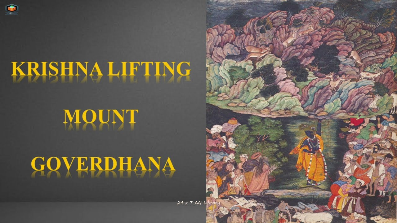 Krishna Lifting Mount Govardhan Painting Description | Mughal School ...
