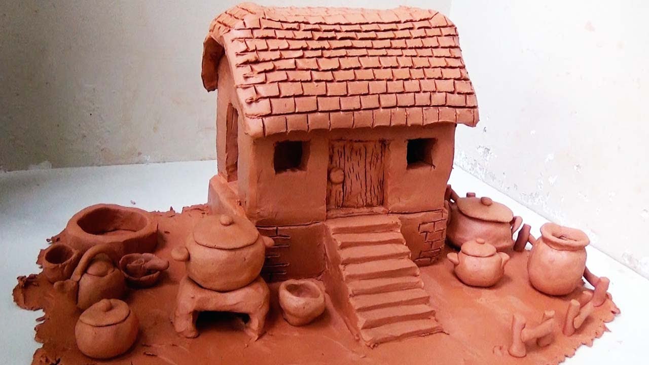 Clay Cottage with Miniature Kitchen Set | Build Mini House - YouTube