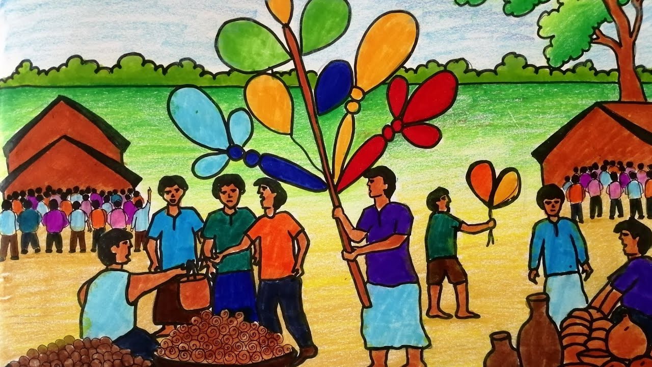 বৈশাখী মেলার দৃশ্য আঁকা।। Boishakhi Mela drawing step by step ...