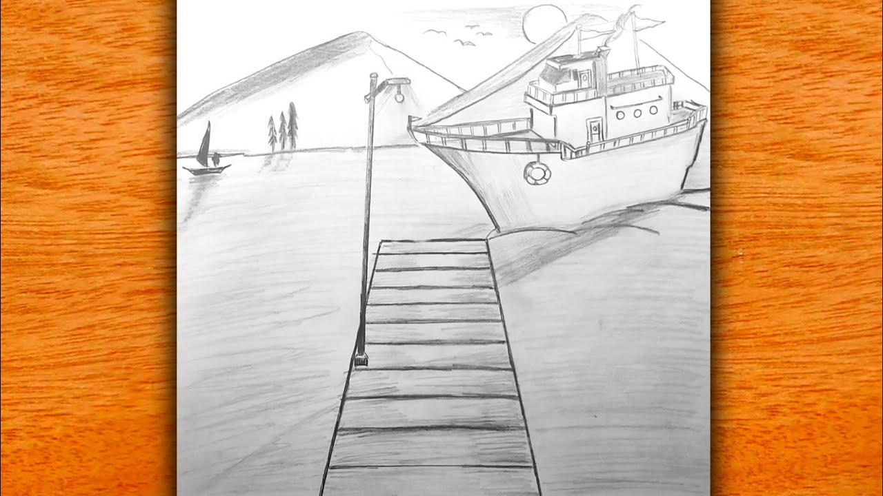 cara menggambar pemandangan pelabuhan kapal, menggambar sketsa ...