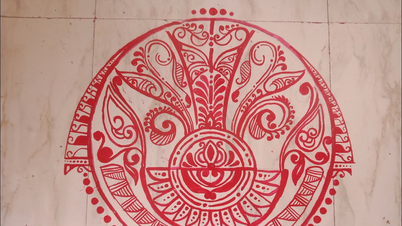 alpona on white tiles floor ##red colour ️ ️ - YouTube