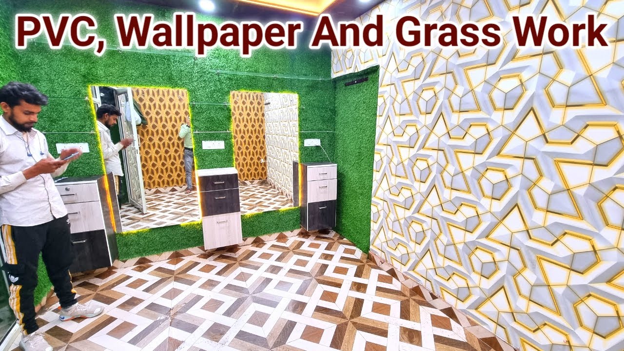 How to Decorate Saloon With PVC Panel, Wallpaper and artificial grass ...