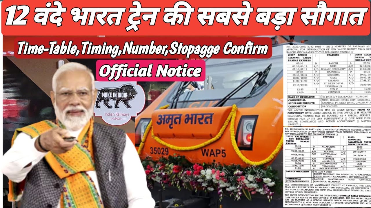 आ गया 12 वंदे भारत ट्रेन का Offical Notice,Commarcial Runing Timing ...