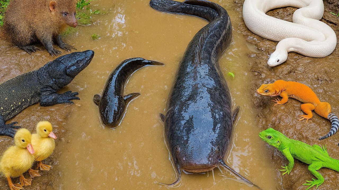 OMG! Caught a Huge Catfish Surrounded by Scary Animals - YouTube