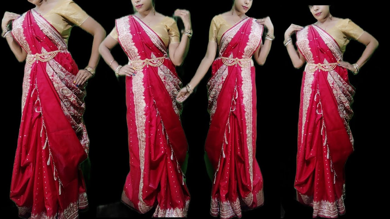 বাঙালি স্টাইলে শাড়ি পরা | Bengali Style Bridal Saree Draping | Atpoure ...