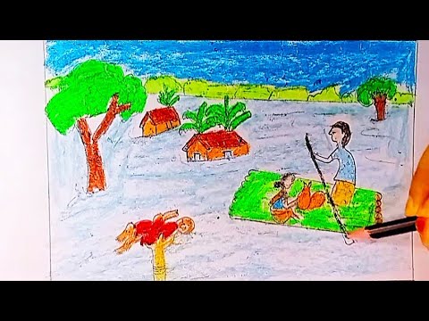 Drawing Flood Scenery | How to draw a Flood Scenery Easily | Easy ...