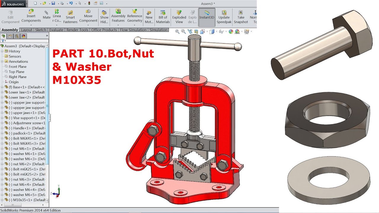SolidWorks Tutorial Design of Pipe Vice Part 10.Bolt,Nut & Washer ...