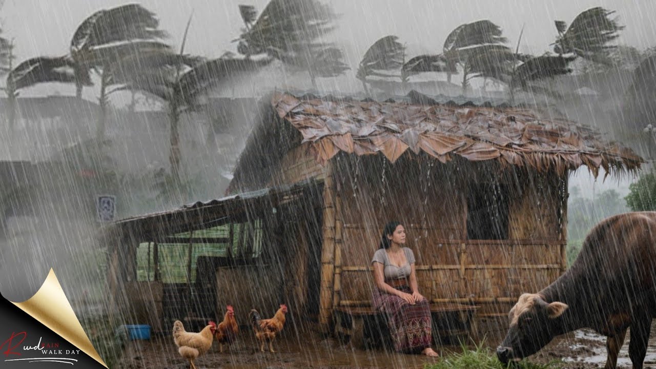 RAIN WALK SUBTROPICAL COUNTRIES IN THE COLDEST RURAL IN ASIA, HEAVY ...