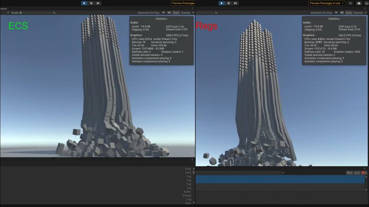 Unity3D - ECS DOTS Test - 2100 Cubes Falling - Entities vs Gameobjects ...