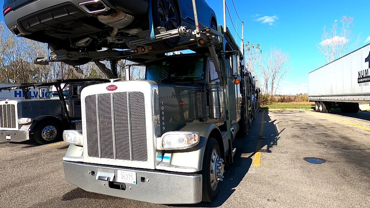 Grey Peterbilt 389 With Load Of Cars At Ohio Truck Stop - YouTube