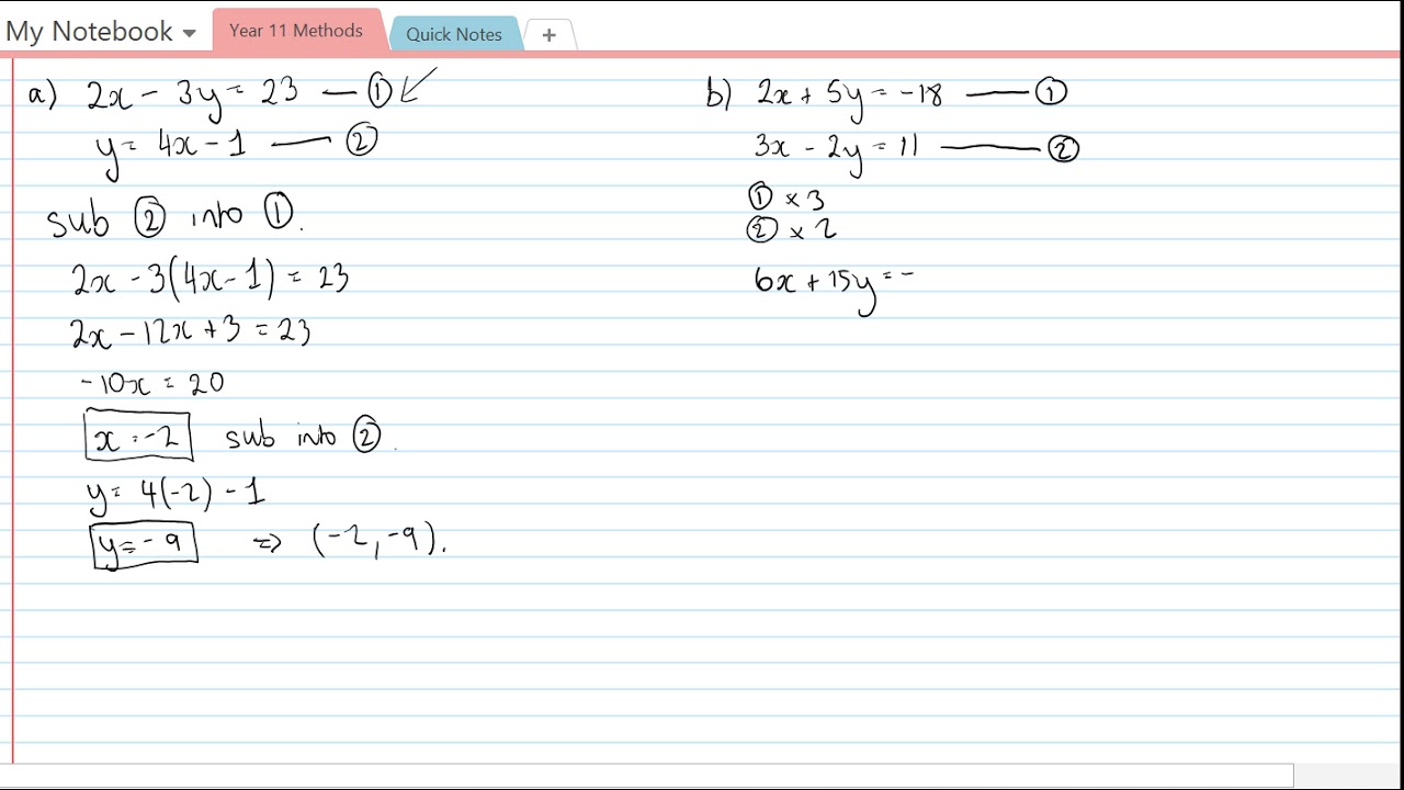 Year 12 Methods Solving Linear Equations Simultaneous Equations - YouTube