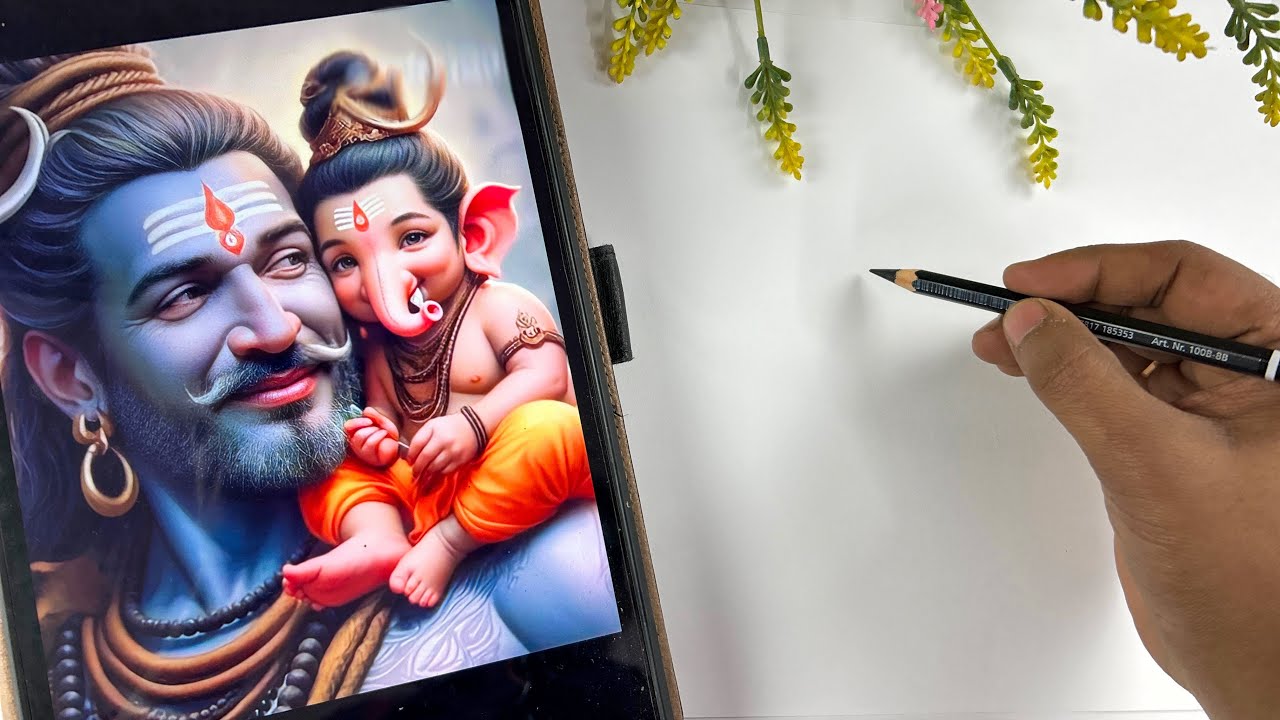 How to draw lord shiva | lord shiva & little Ganesha drawing | Mahadeva ...