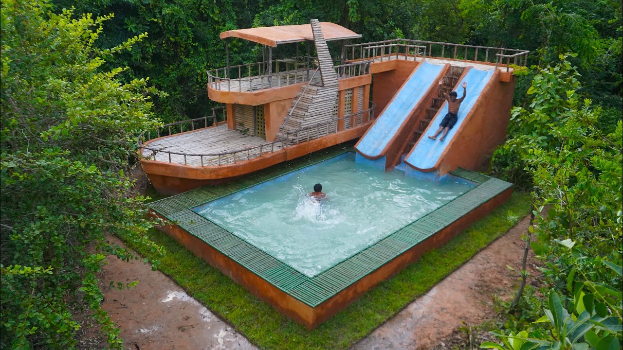 Build The Most Creative a boat villa house with beautiful Water Slide ...