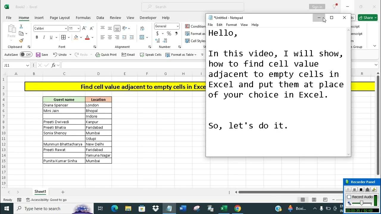 Find cell value adjacent to empty cells and put them at place of your choice in Excel - YouTube