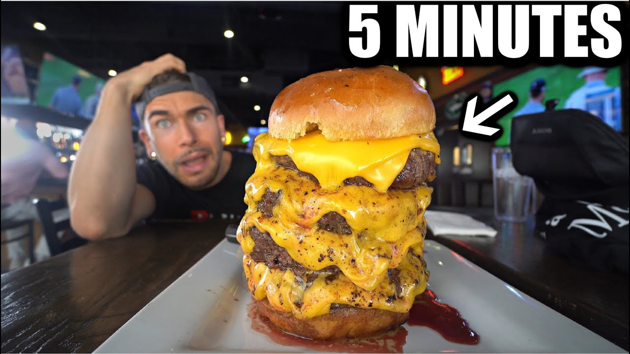 "UNBEATABLE" 5 MINUTE BURGER CHALLENGE | Cold Beer & Cheese Burgers ...