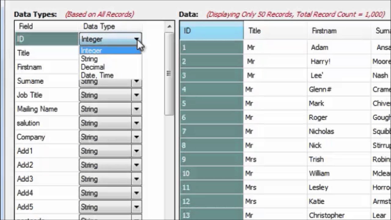 Acuate Data Profiling Tool: How to define data types - YouTube