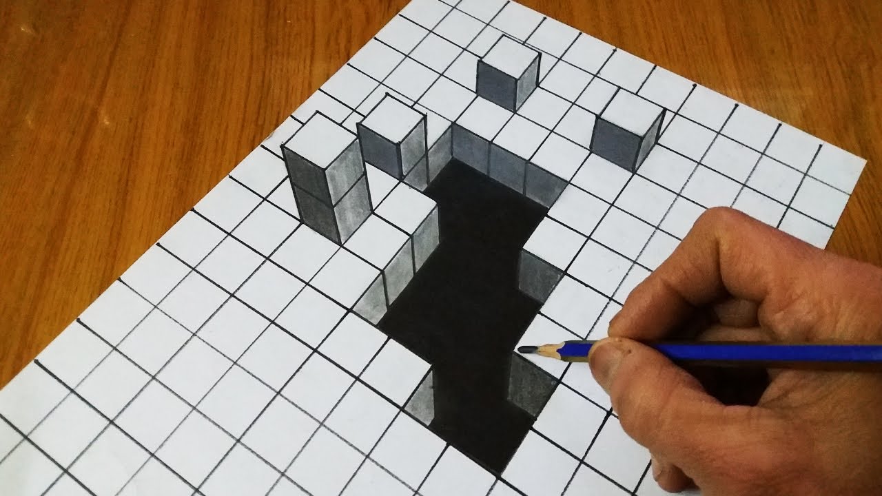 How to draw a hole inside cubes on paper using one point perspective ...