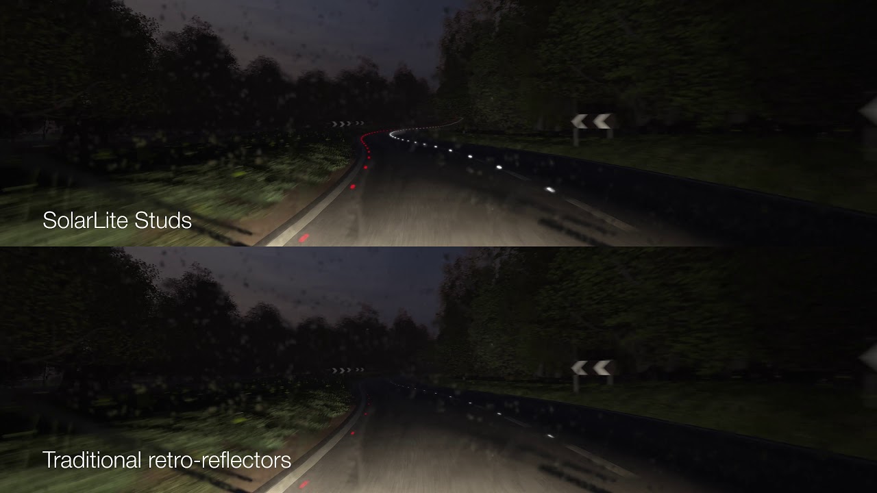 SolarLite Active Road Studs vs retro-reflective road studs in the rain ...