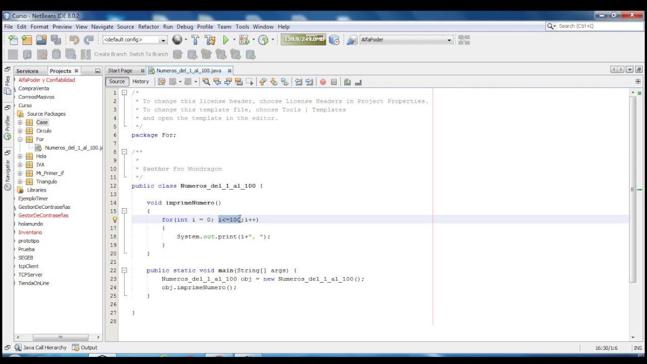 Imprimir los numeros del 1 al 100 en JAVA con un for - YouTube