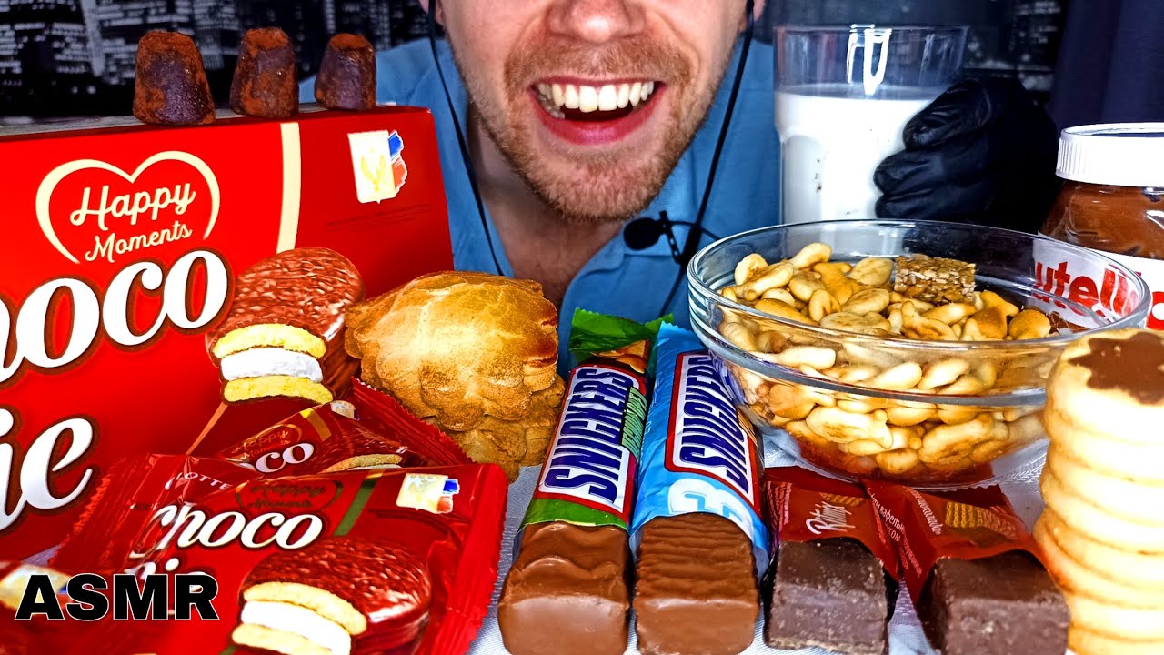 ASMR CHOCOLATE CANDY BARS SNICKERS KITKAT NUTELLA MUKBANG COOKIES MILKA ...
