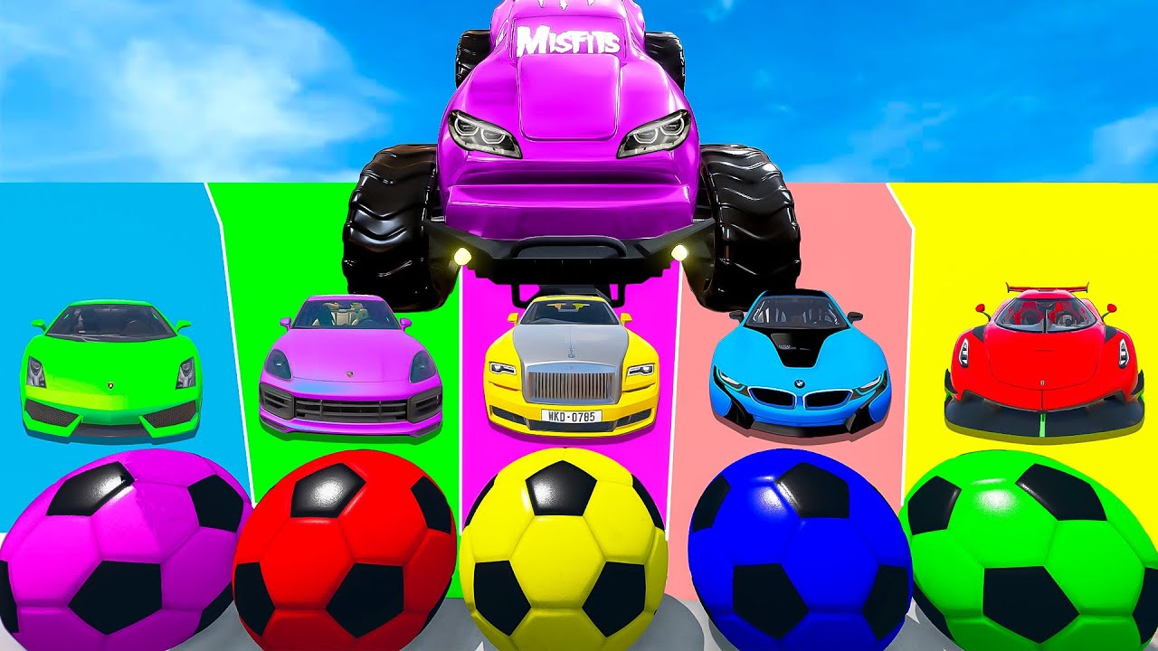Big & Small: Monster Cars vs 5 Cars Change Colors Through Balls Slide ...