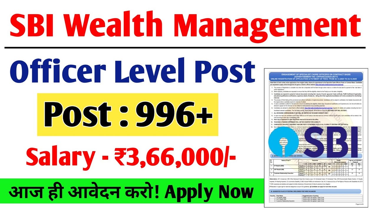 SBI Wealth Management Recruitment 2026 || Officer Level Post || Highest ...