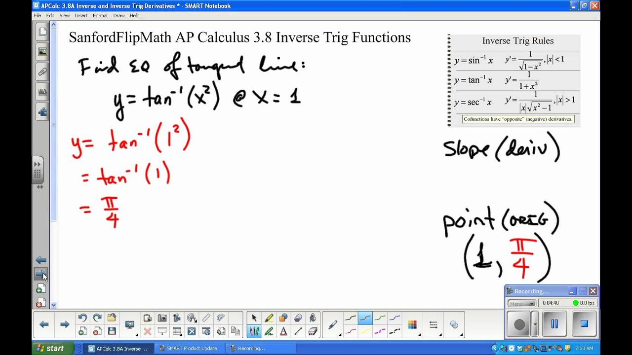 SanfordFlipMath AP Calculus 3.8 Inverse Trig Derivative Examples - YouTube