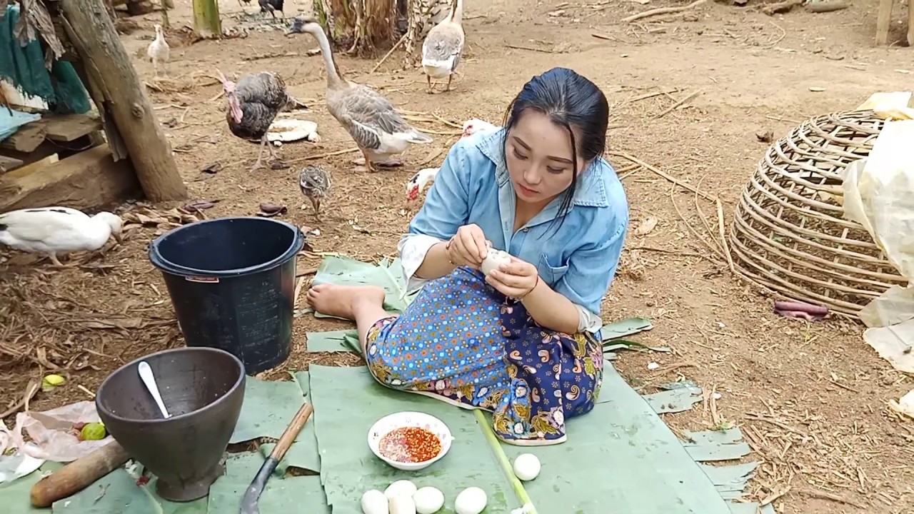 primitive girl cooking food eggs and eating///ສາວງາມແຕ່ງອາຫານໄຂ່ກີນແຊ່ມ ...