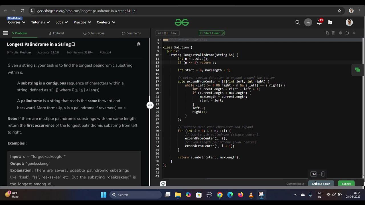 Longest Palindrome in a String|GFG POTD #potd 08-03-2025| @DecodeMaster01 - YouTube