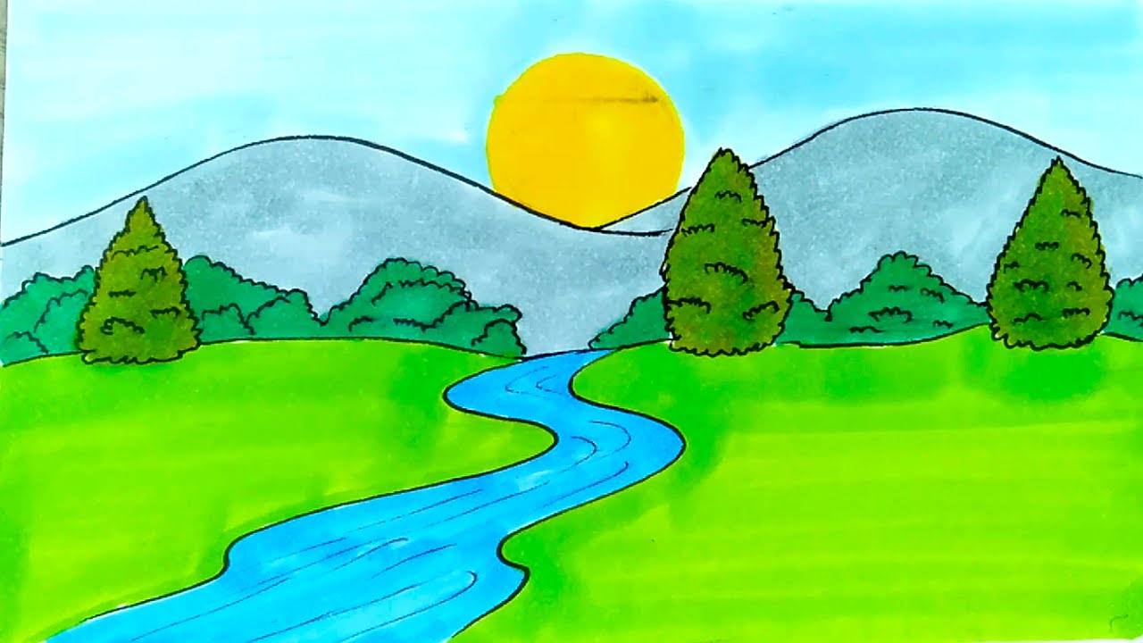 رسم رسم مناظر طبيعية مع جبال بالالوان للمبتدئين رسم سهل Youtube