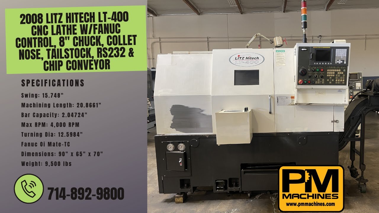 2008 LITZ HITECH LT-400 CNC LATHE w/FANUC, 8" CHUCK, COLLET NOSE ...