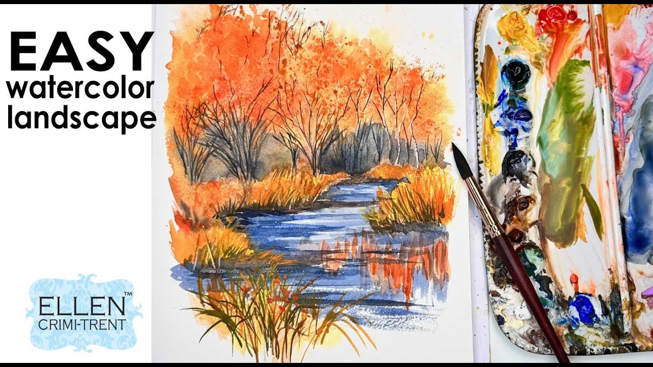 How to paint a simple fall Landscape in Watercolor - YouTube