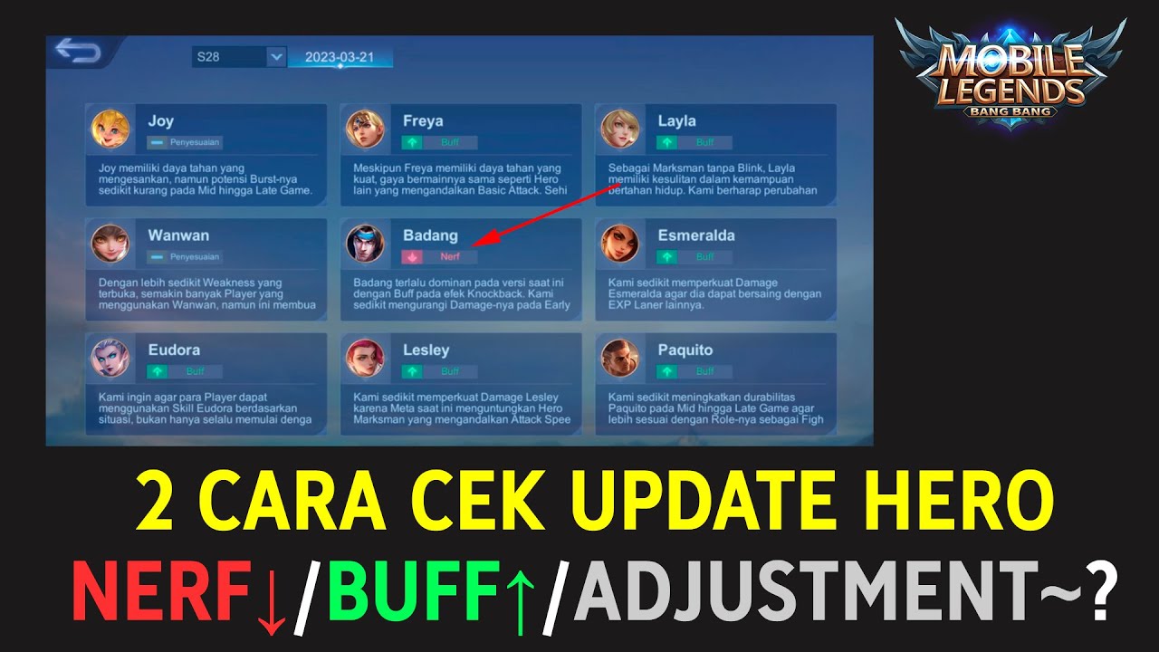 2 Cara Cek Hero Yang di Nerf / Buff / Adjust Pada Mobile Legends - YouTube