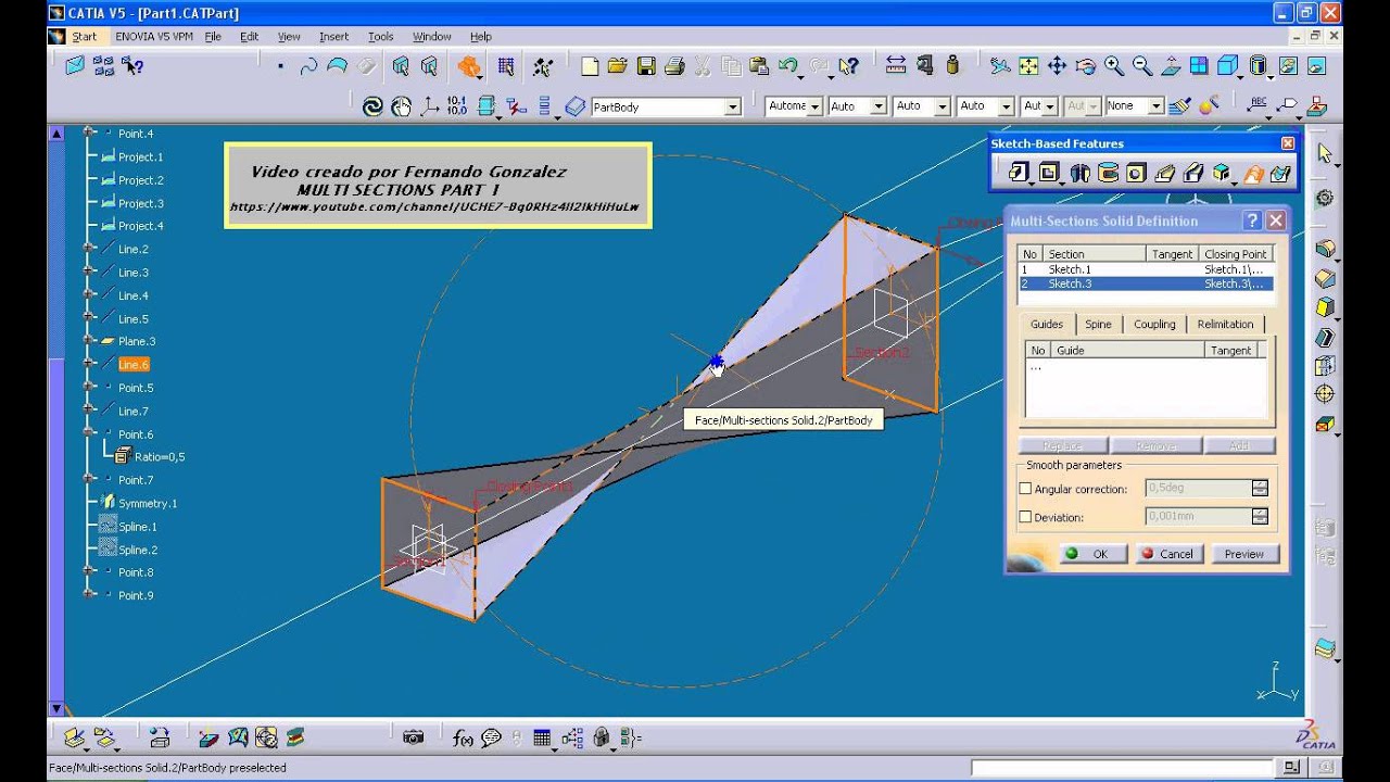 CATIA V5 TUTORIAL MULTI SECTIONS PART 1 - YouTube