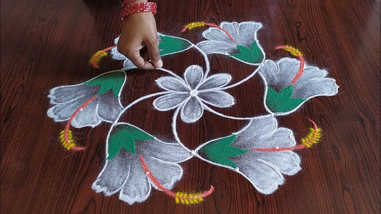 Easy hibiscus flowers Rangoli (7×4) dot's... - YouTube