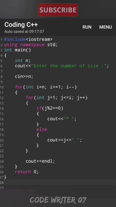 Best C++ pattern program tutorial video || 💯🧠 #codewriter07 #coding #youtubeshorts #programming ...