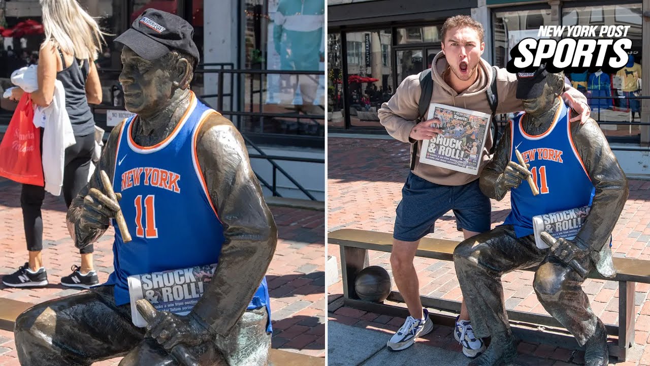 Knicks fan drapes jersey over the statue of LEGENDARY Boston Celtics ...