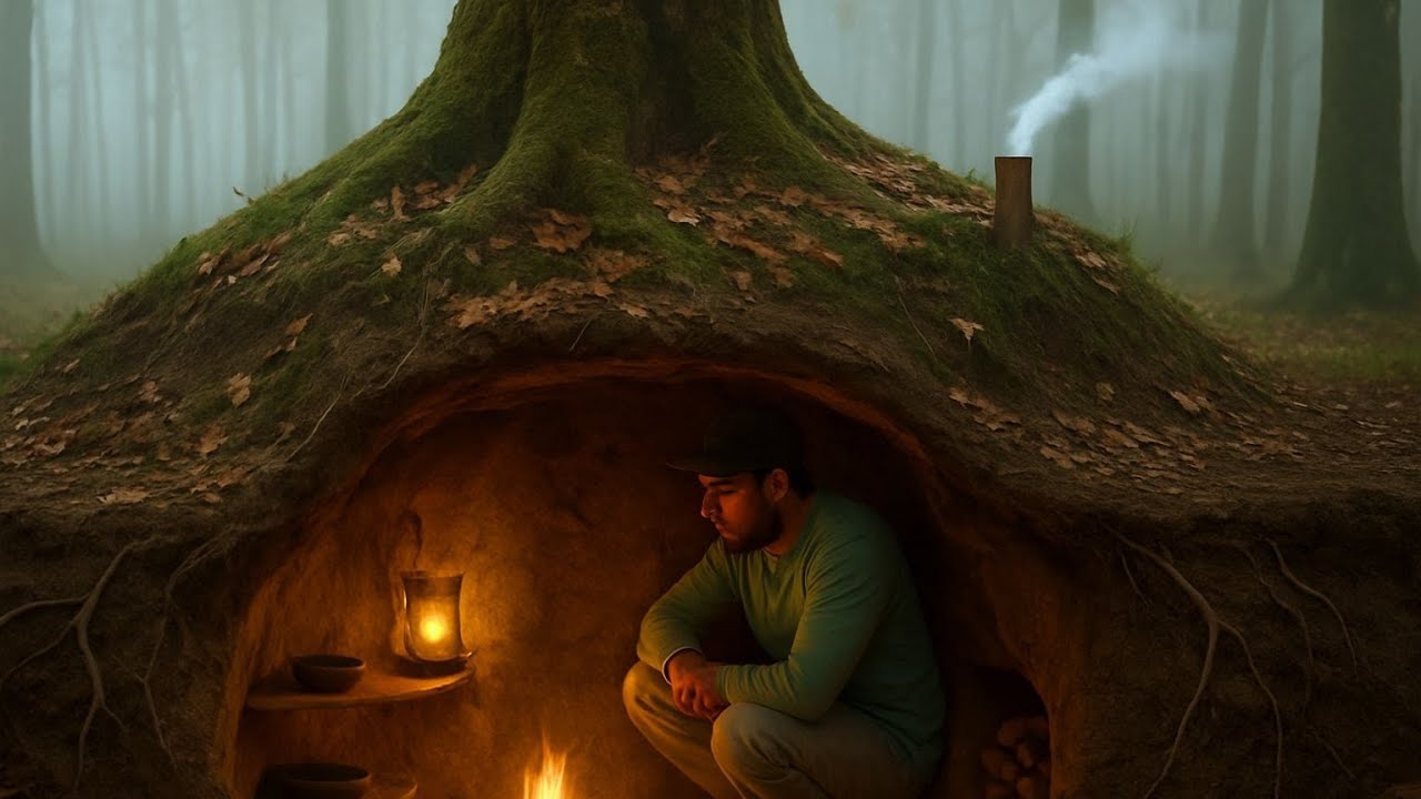 “Underground Tree Root Shelter | Cozy Survival Fire Cooking in Deep ...