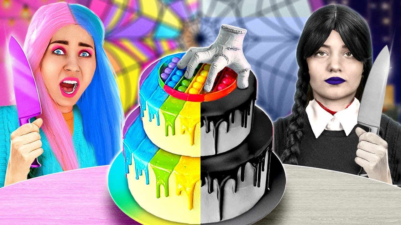 PINK VS BLACK CAKE DECORATING CHALLENGE | Wednesday Addams VS Enid ...