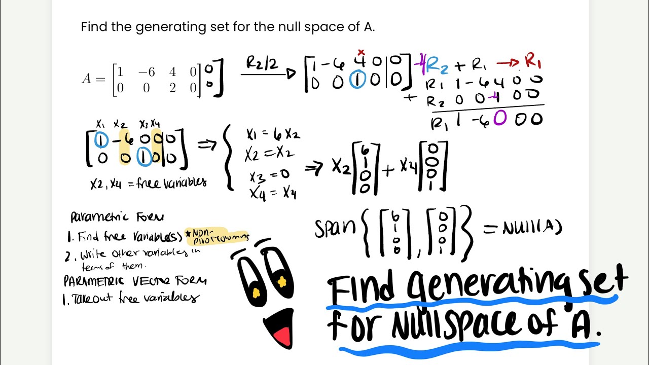 Find Generating Set for Null Space of Matrix A| Linear Algebra RU 01:640:250 - YouTube