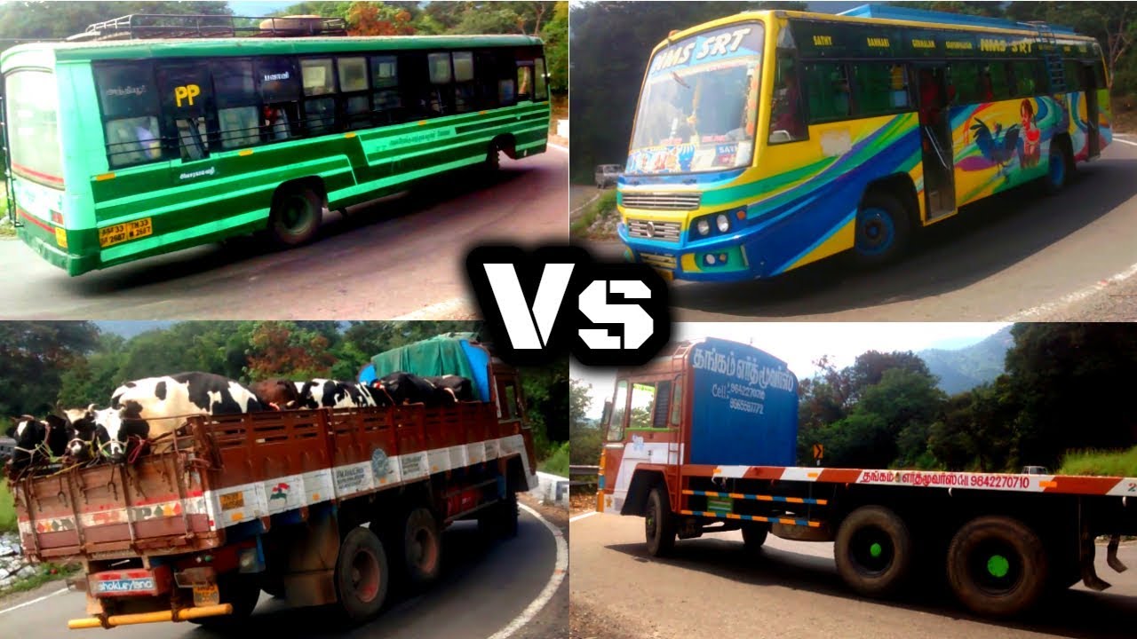 GOVERNMENT BUS Vs PRIVATE BUS/LOAD LORRY Vs EMPTY LORRY #dhimbam hills# ...