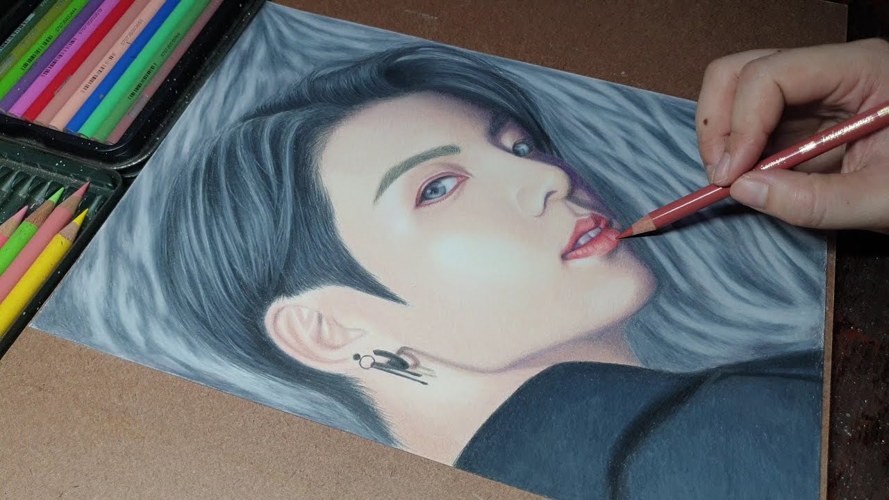 How to draw Jung Kook 정국 in color pencils| Drawing with PQuynh Art ...
