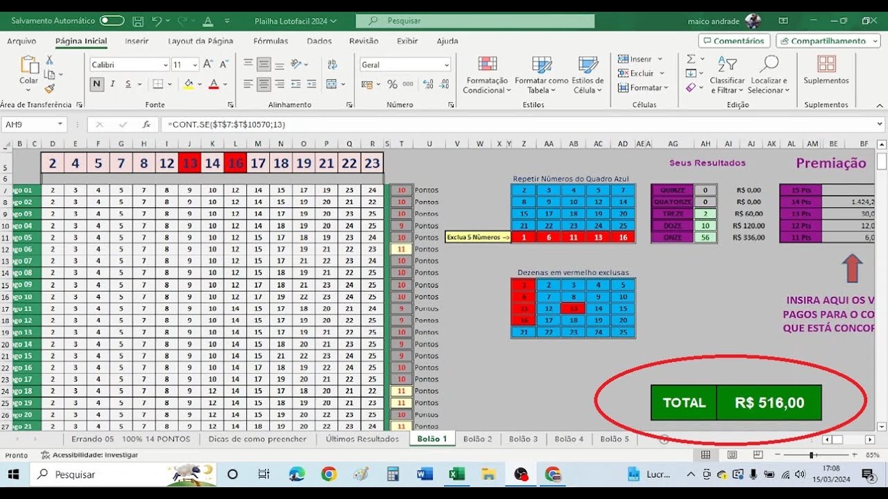 Resultado da Lotofácil Concurso 3053 e Conferindo o Bolão da Planilha ...