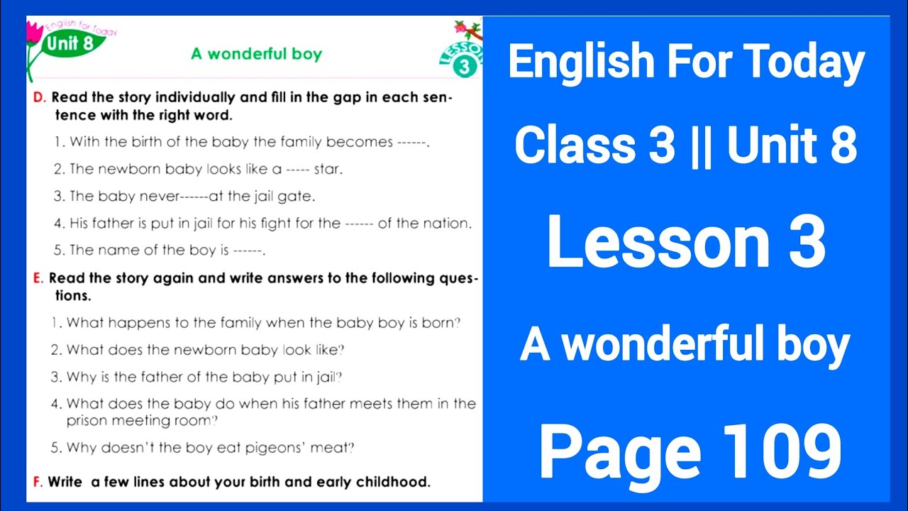 Class 3 english unit 8 page 109 | Lesson 3 | A wonderful boy | New Book ...
