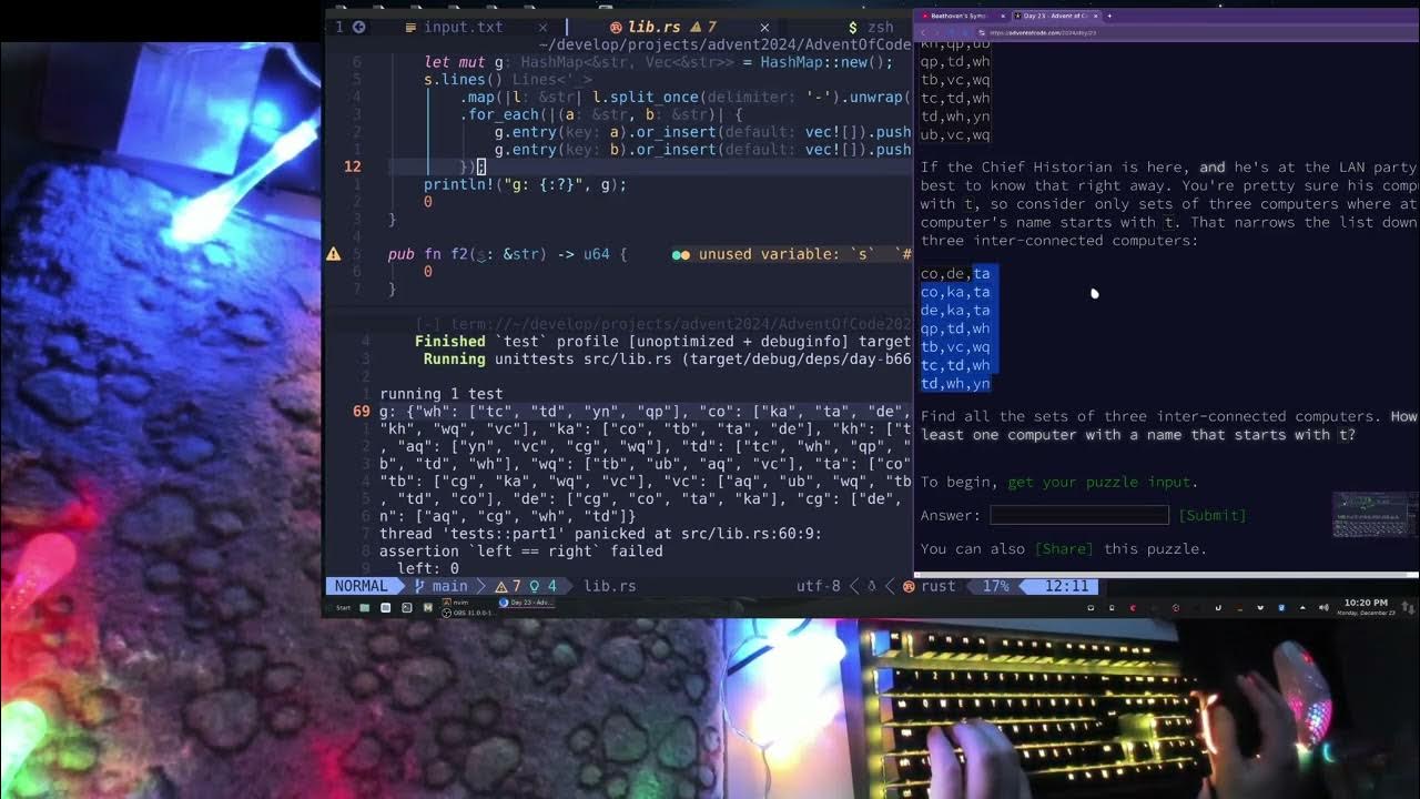 AdventOfCode 2024 Day23 | Rust | nvim - YouTube
