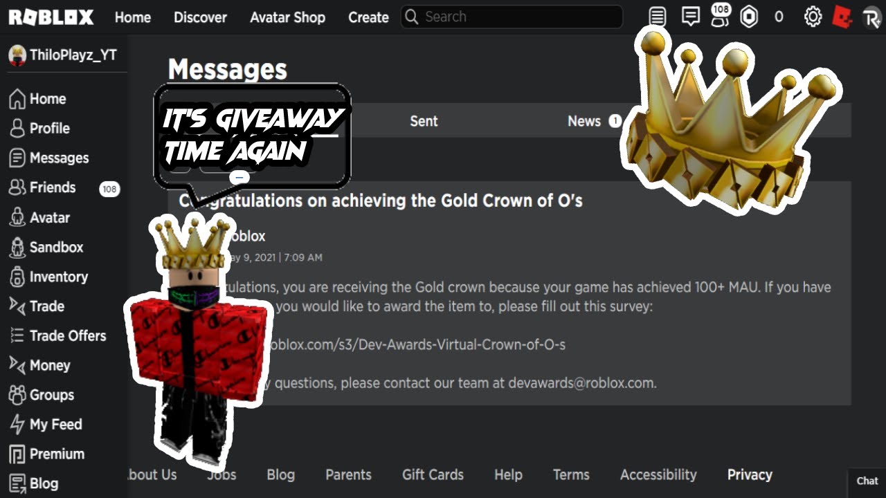 It's giveaway time again (Roblox gold crown of o's - YouTube