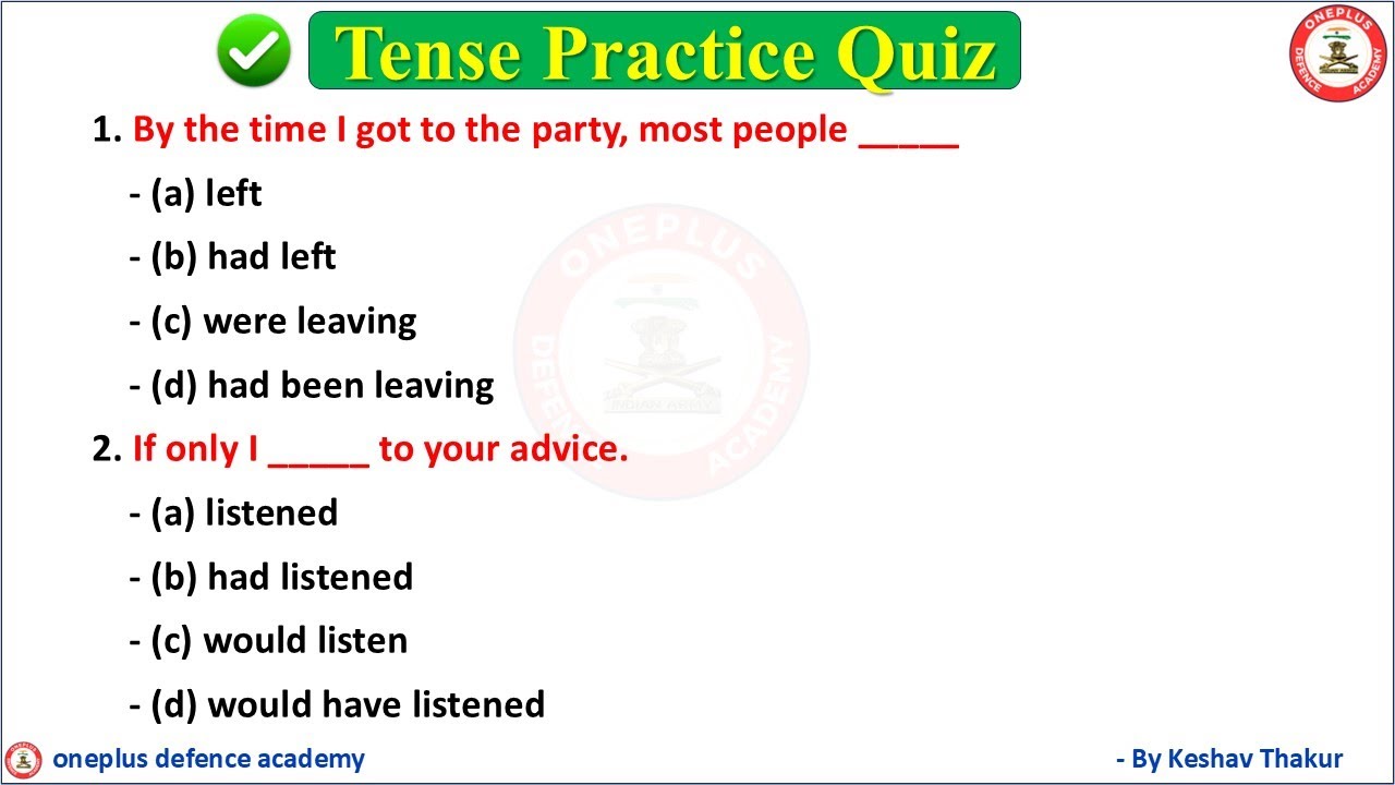Tense Practice Set | Tense Test Quiz | Tense Objective Questions in ...