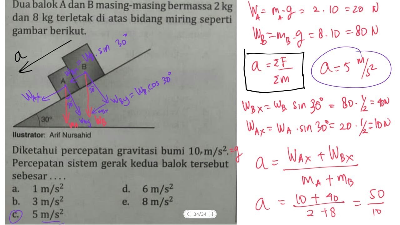Menghitung percepatan balok pada bidang miring 30° - YouTube